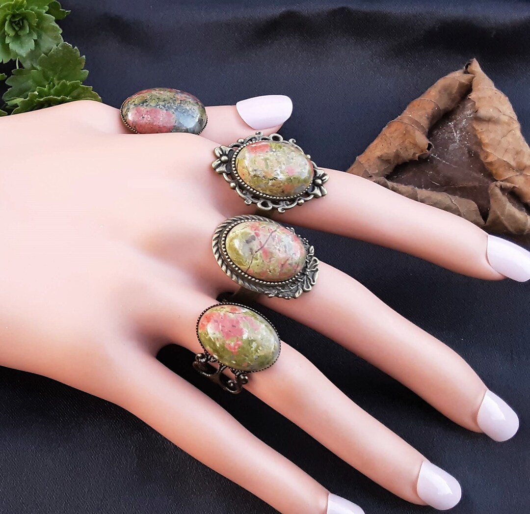 Vintage Style Bronze Rings Made of Unakite Oval Natural Stones - Etsy