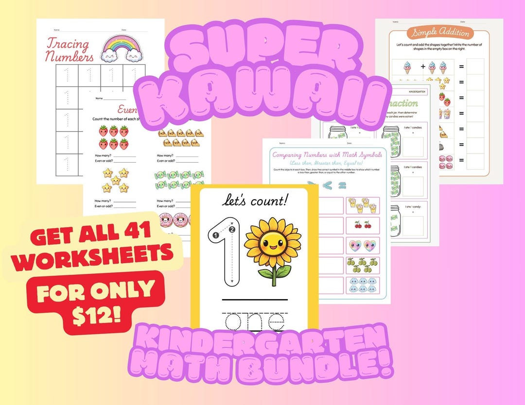 Kawaii Kindergarten Math Worksheets Bundle | 41 Printable Homeschool ...