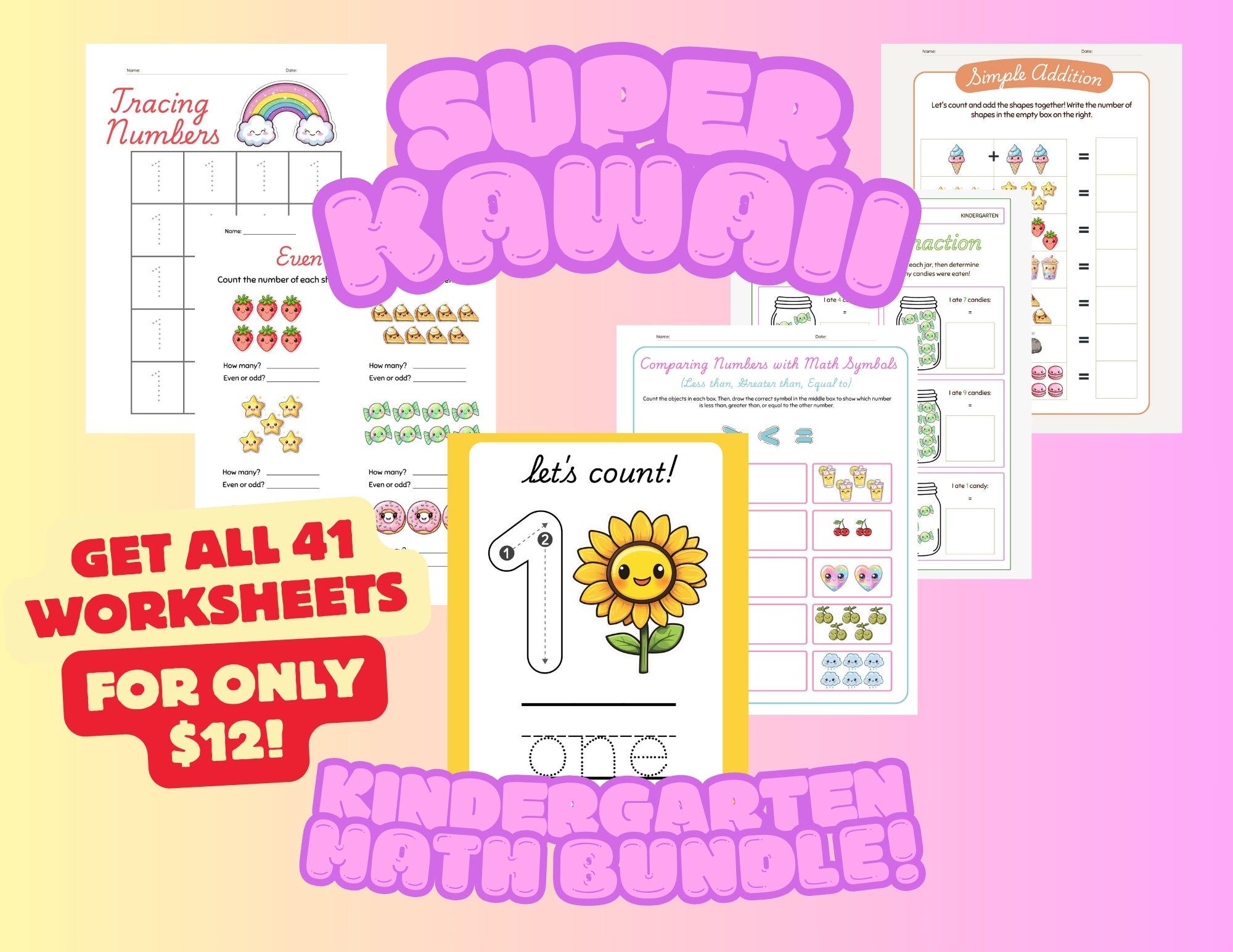 Kawaii Kindergarten Math Worksheets Bundle | 41 Printable Homeschool ...