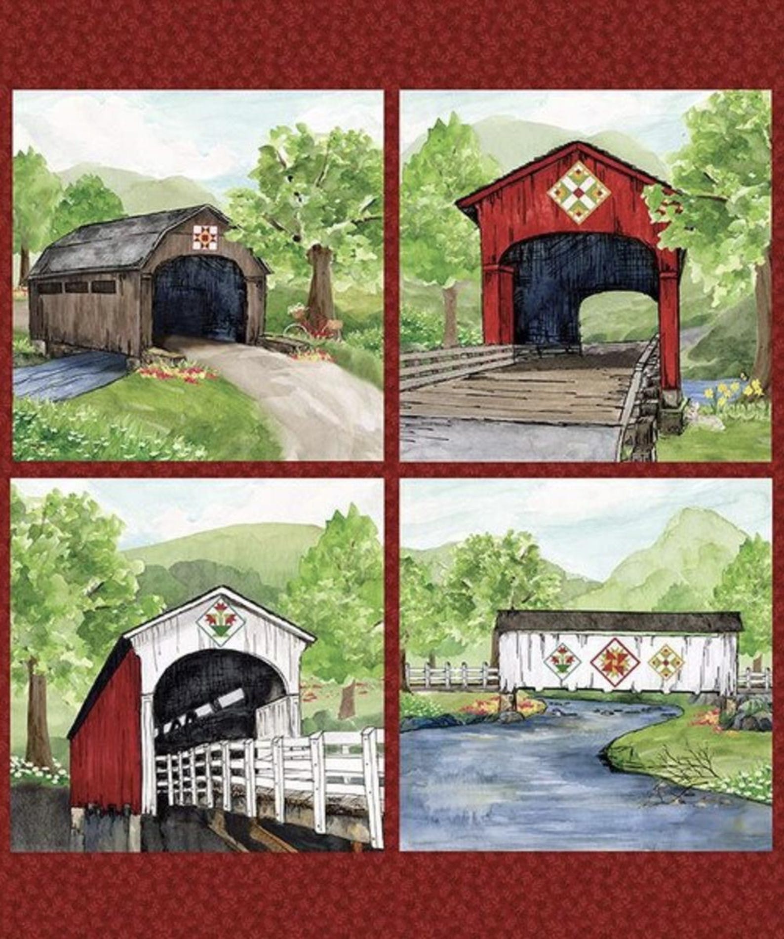 Covered Bridges in Spring Covered Bridges Pillow Panel by Tara Reed ...