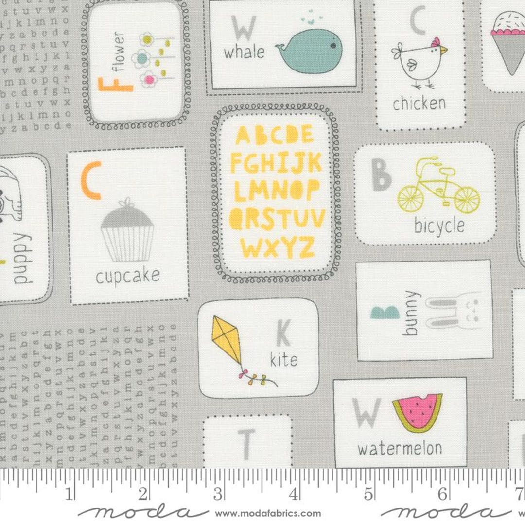 Shine Yardage Alphabet Flashcards Novelty Stormy Gray by Sweetwater, Sold in 1/2 Yard Increments ...