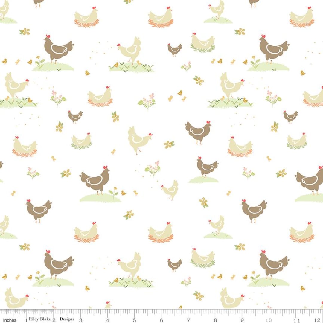 Clover Farm Yardage Chickens White by Gracey Larson, Sold in 1/2 Yard ...