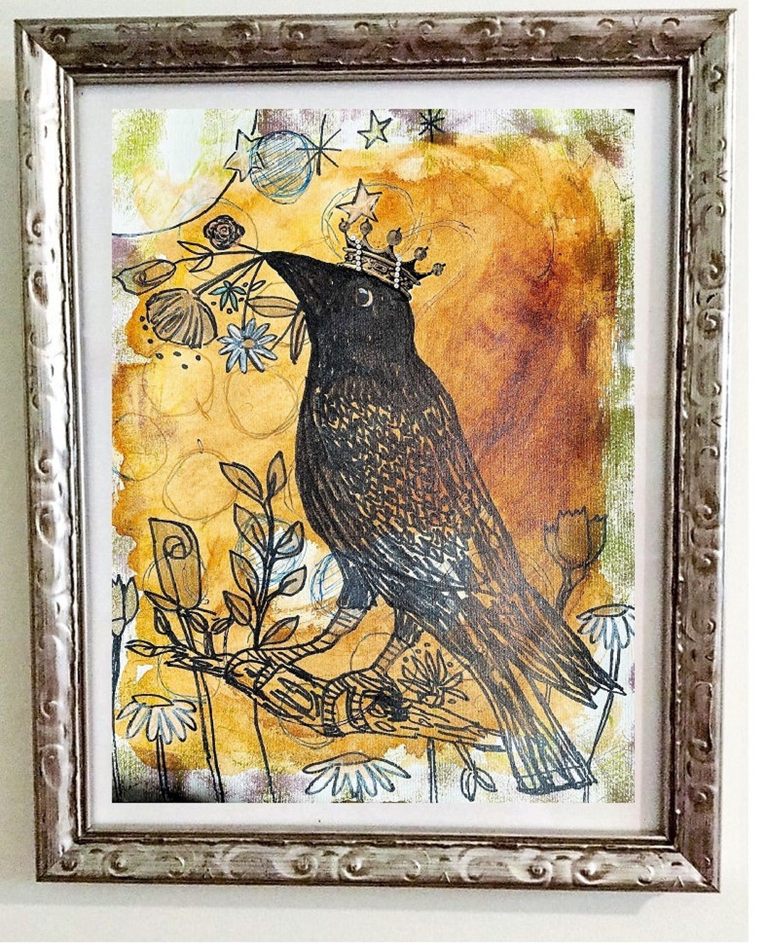 Country Cottagecore Crow With Daisy for Summer Decor Fine Art Print or Card Giclee From Original ...