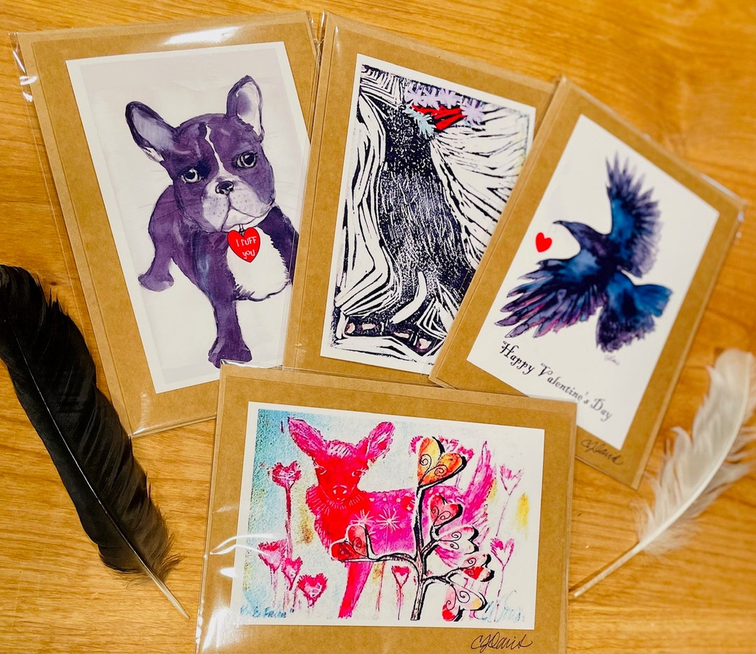 Flying Crow With Heart or French Bulldog Valentine Card, Also Pink Fawn ...