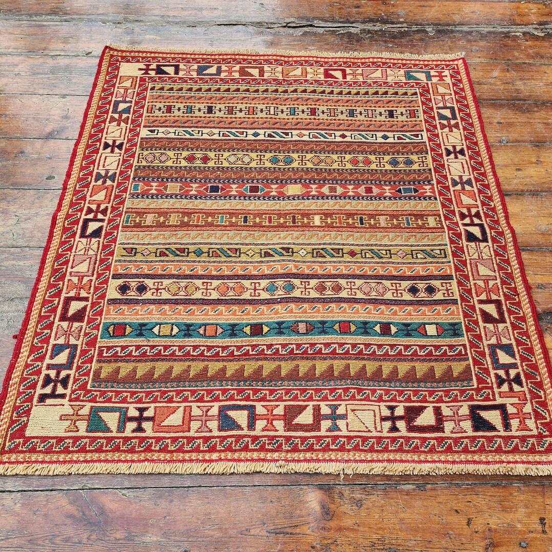 Persian Kilim Rug, 3 Ft 2 in X 3 F,t Red Brown and Blue Rah Rah Soumak ...