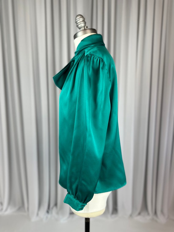 Vintage 1980s High Neck Shiny Satin Teal Blouse - Gem