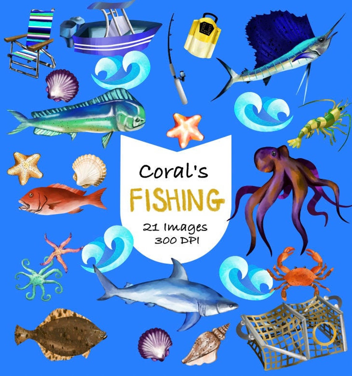 Watercolor deep sea ocean fishing clipart clip art digital | Etsy