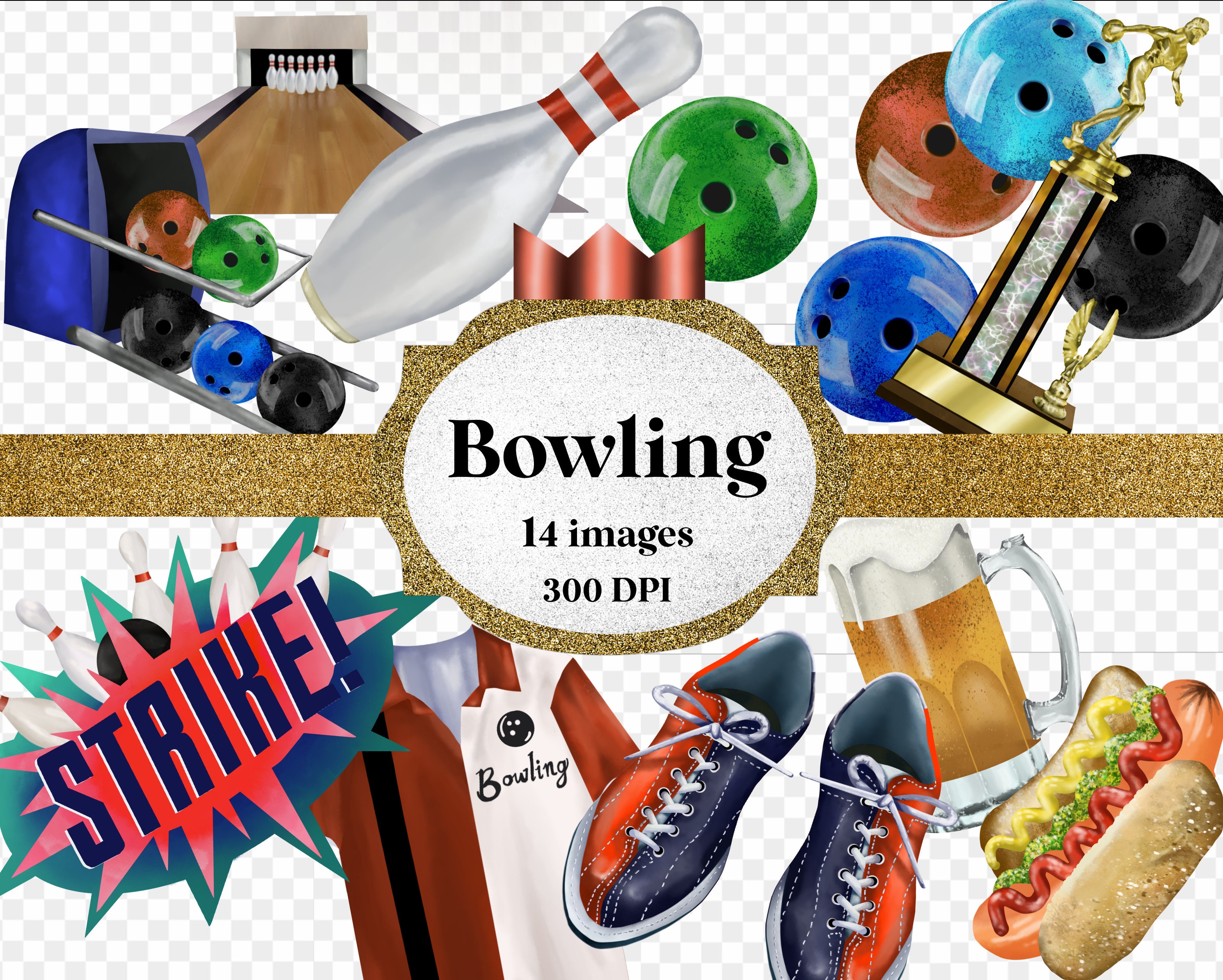Watercolor Bowling Clipart Clip Art Digital Png Transparent Background ...