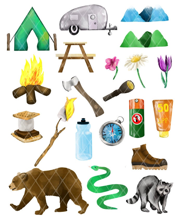 Watercolor Camping Clipart Digital File Png - Hand Drawn Artwork ...