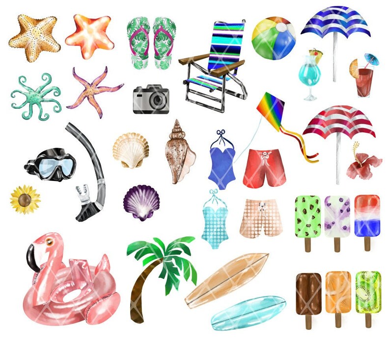Watercolor Summer Pool Beach Clip Art Clipart Graphic Illustration ...