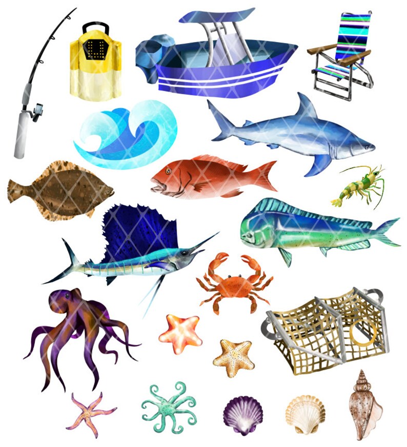 Watercolor Deep Sea Ocean Fishing Clipart Clip Art Digital Png - Hand ...