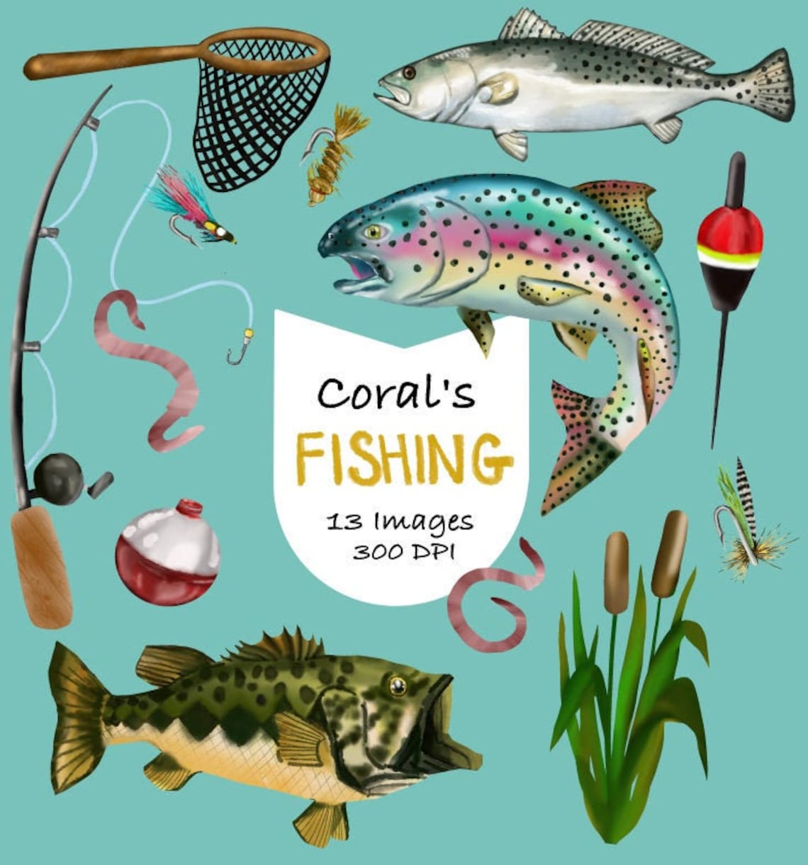 Watercolor fishing clipart clip art digital SVG vector | Etsy
