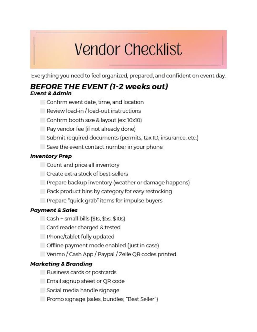 Vendor Checklist Canva Template | Festival and Craft Fair Prep Guide ...