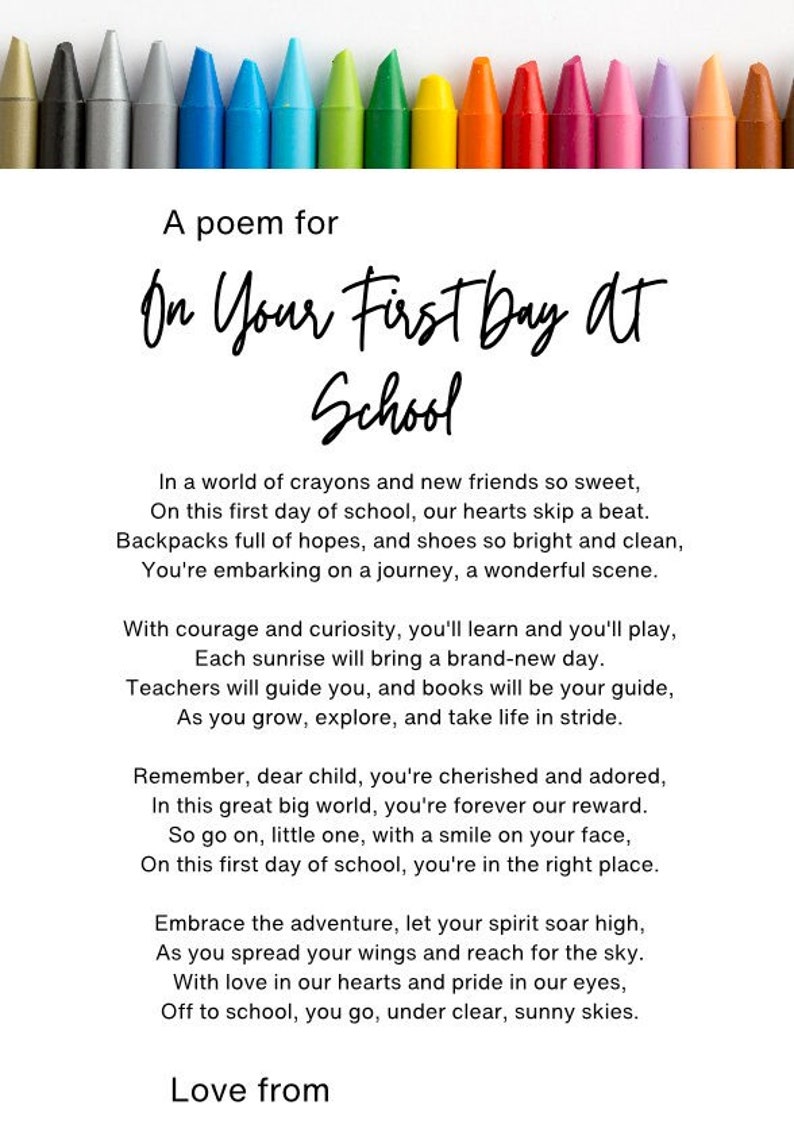 Personalized First Day at School Poem - Instant Downloadable Poem - Etsy