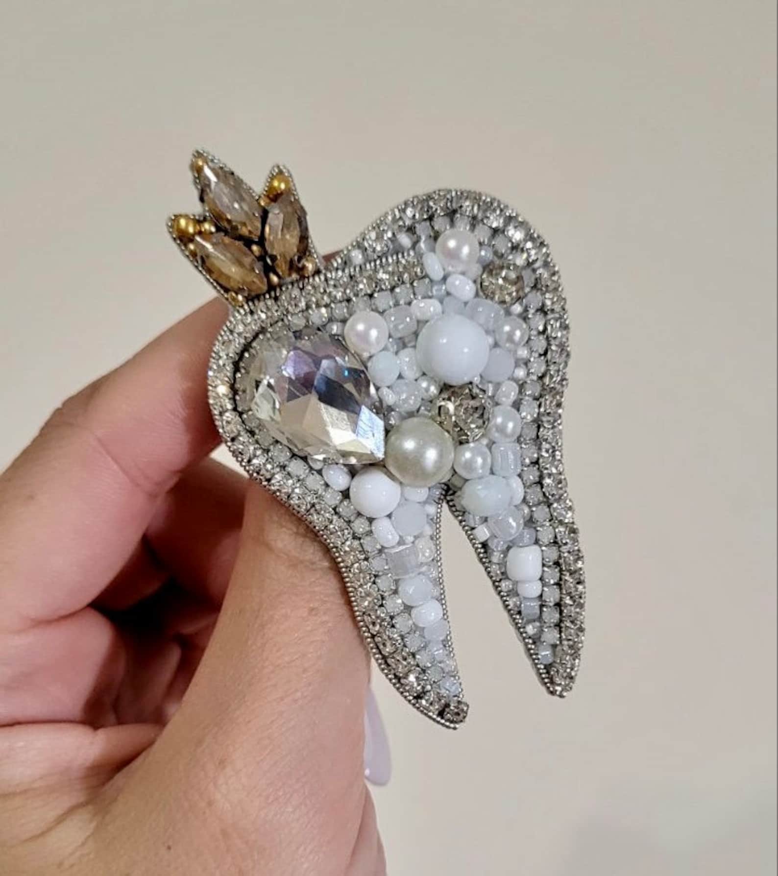 Tooth Brooch, Tooth Pin, Tooth Jewelry, White Tooth Brooch, Bead ...