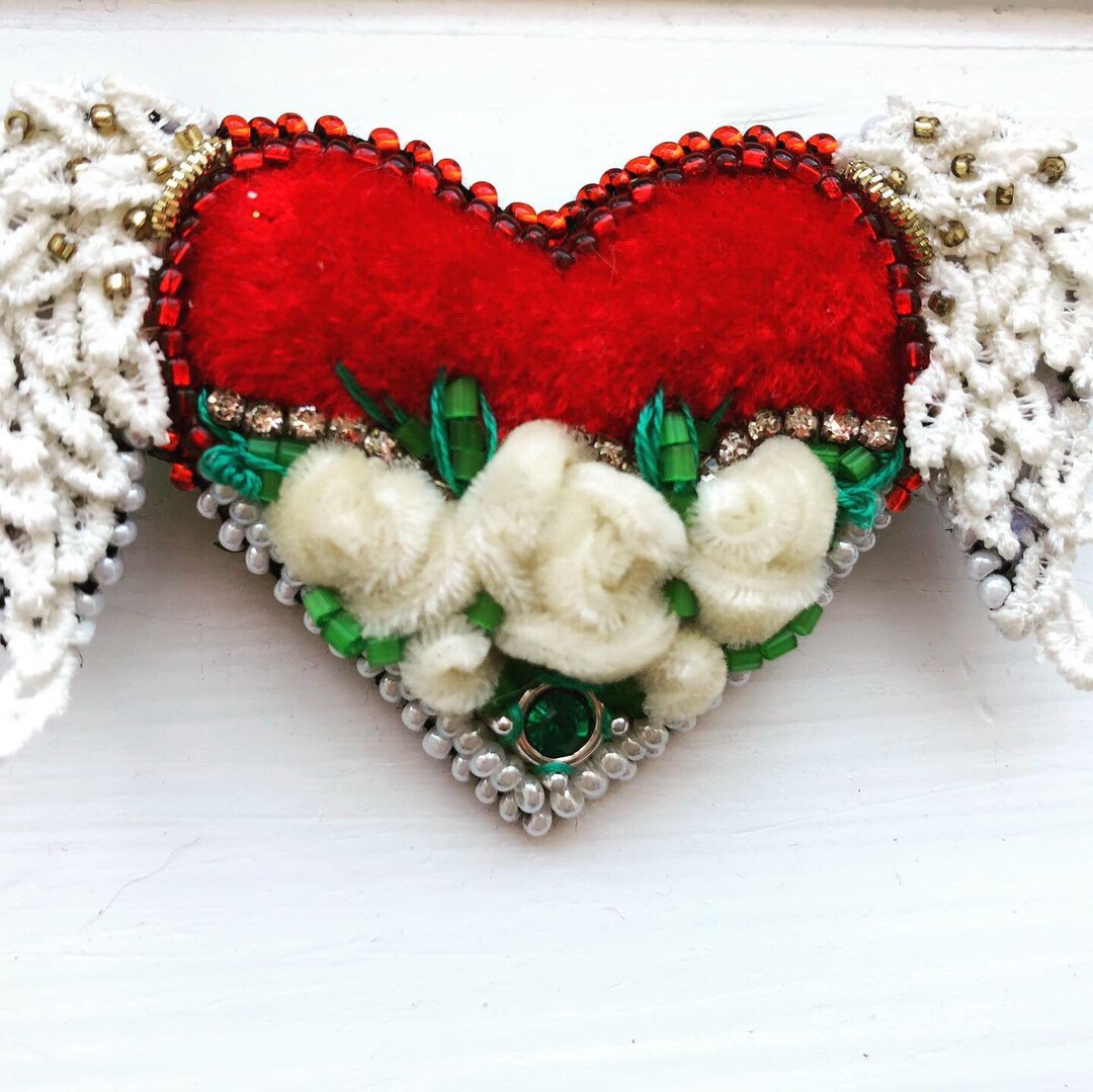 Red Heart Angel Wings Brooch / Red Heart Brooch With White Flowers ...