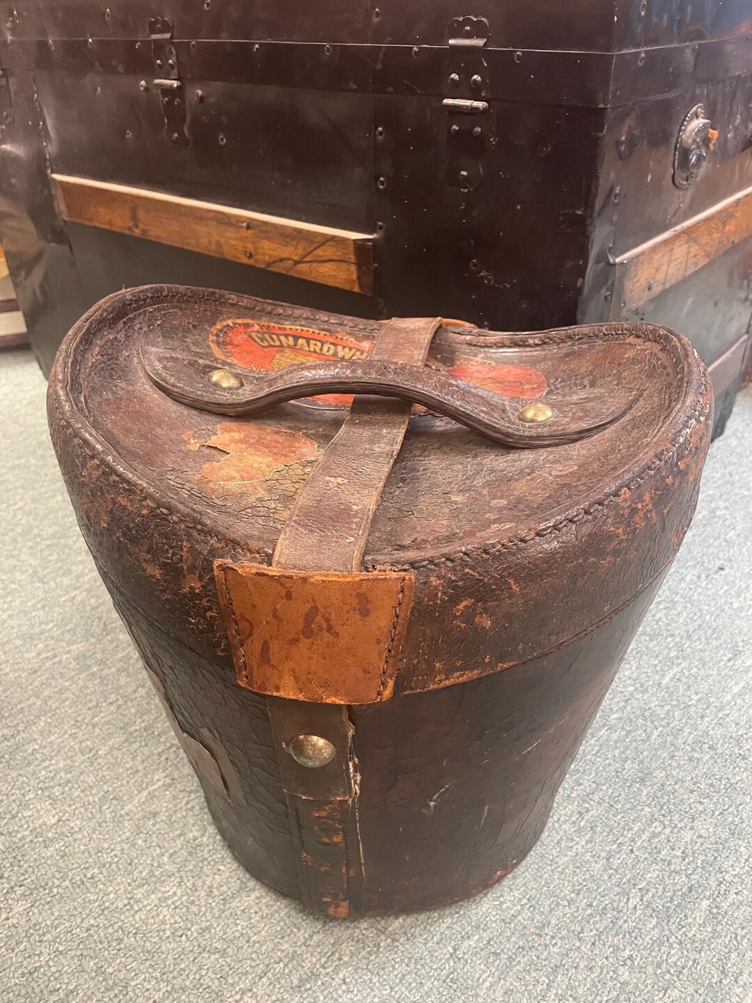 Vintage Cunard White Star Line Leather Top Hat Box With Travel Stickers ...