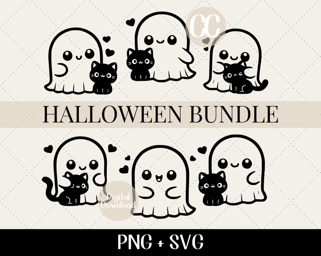 Halloween Bundle - Cute Ghost With Black Cat Bundle SVG + PNG | I Love ...