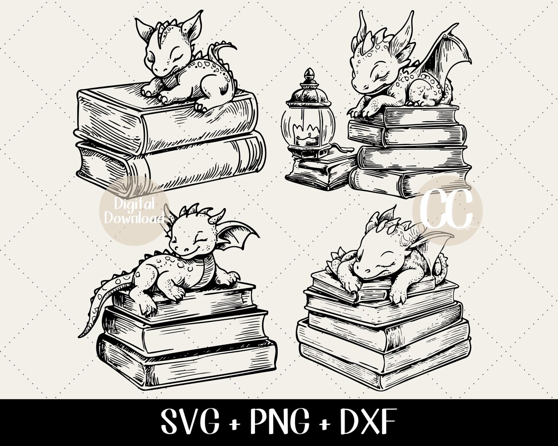 Book Dragons Bundle SVG PNG DXF, Books and Dragons Svg, Stack of Books ...