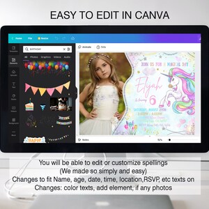 Magical Unicorn Birthday Invitation for Girls With Photo, Editable ...