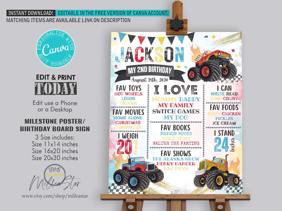 Monster Truck Birthday Sign, Milestone Poster, Chalkboard Birthday ...