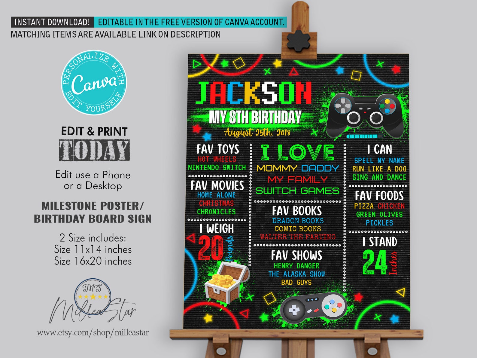 Video Game Birthday Sign, Milestone Poster, Chalkboard Birthday Poster ...