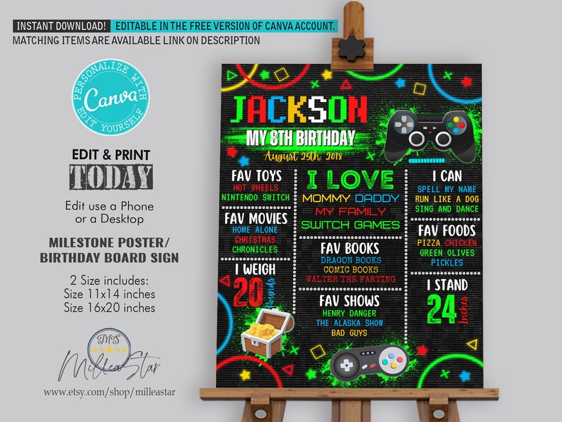 Video Game Birthday Sign Milestone Poster Chalkboard - Etsy