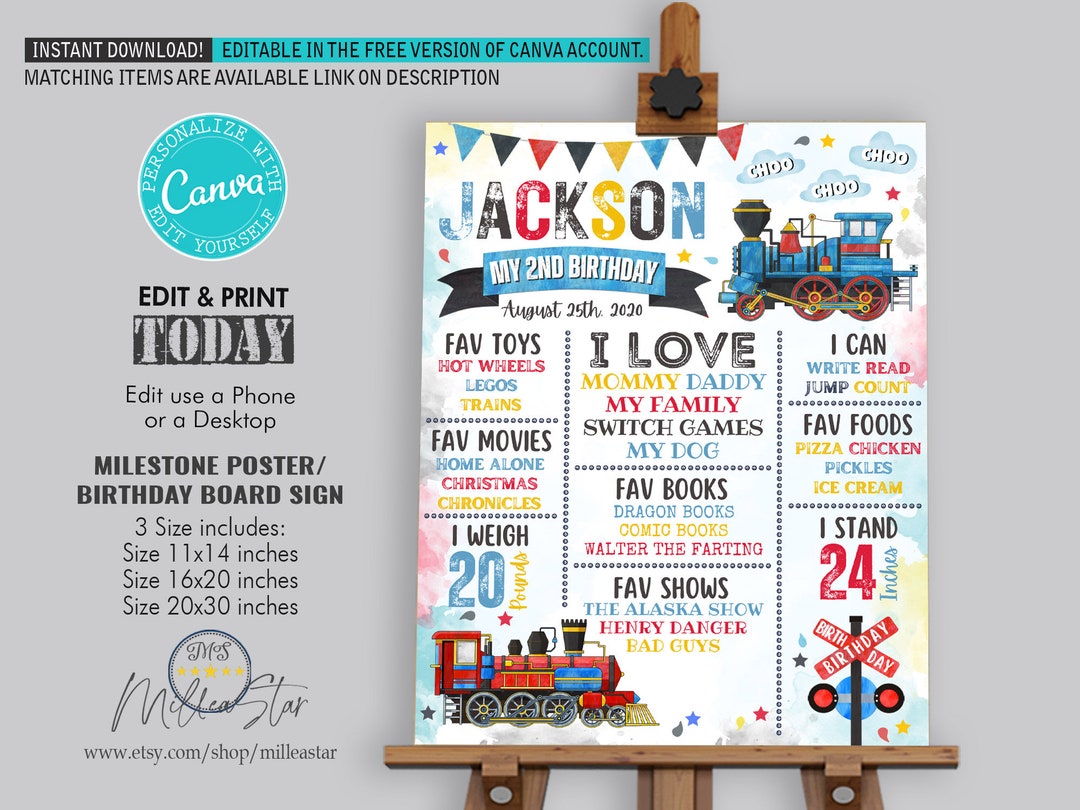 Train Birthday Sign, Milestone Poster, Chalkboard Birthday Poster for ...