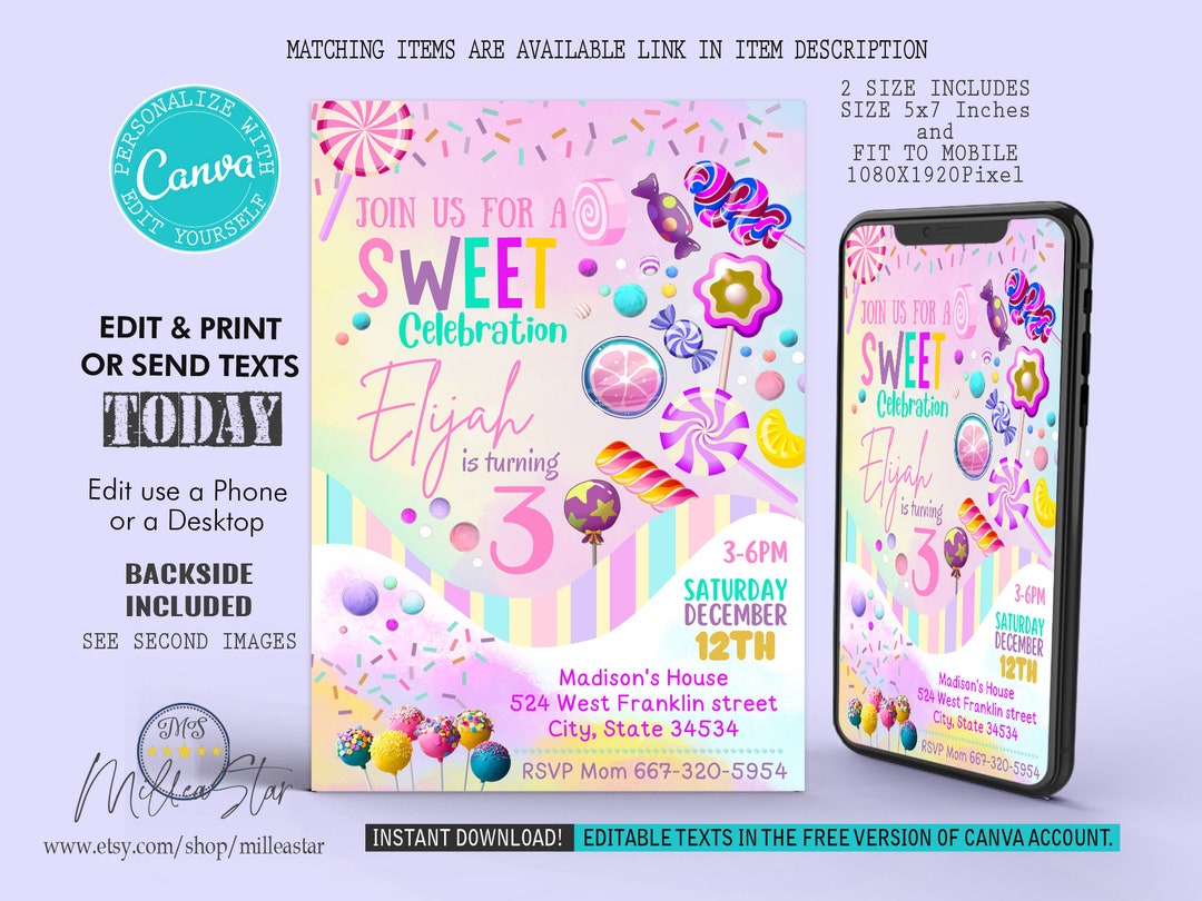 Candy Invitation, Candy Birthday Invites, Mobile Invitation, Girls ...