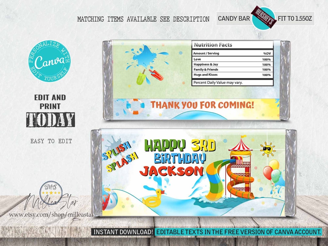 Water Park Birthday Candy Bar Wrappers, Chocolate Bar Wrappers, Candy ...
