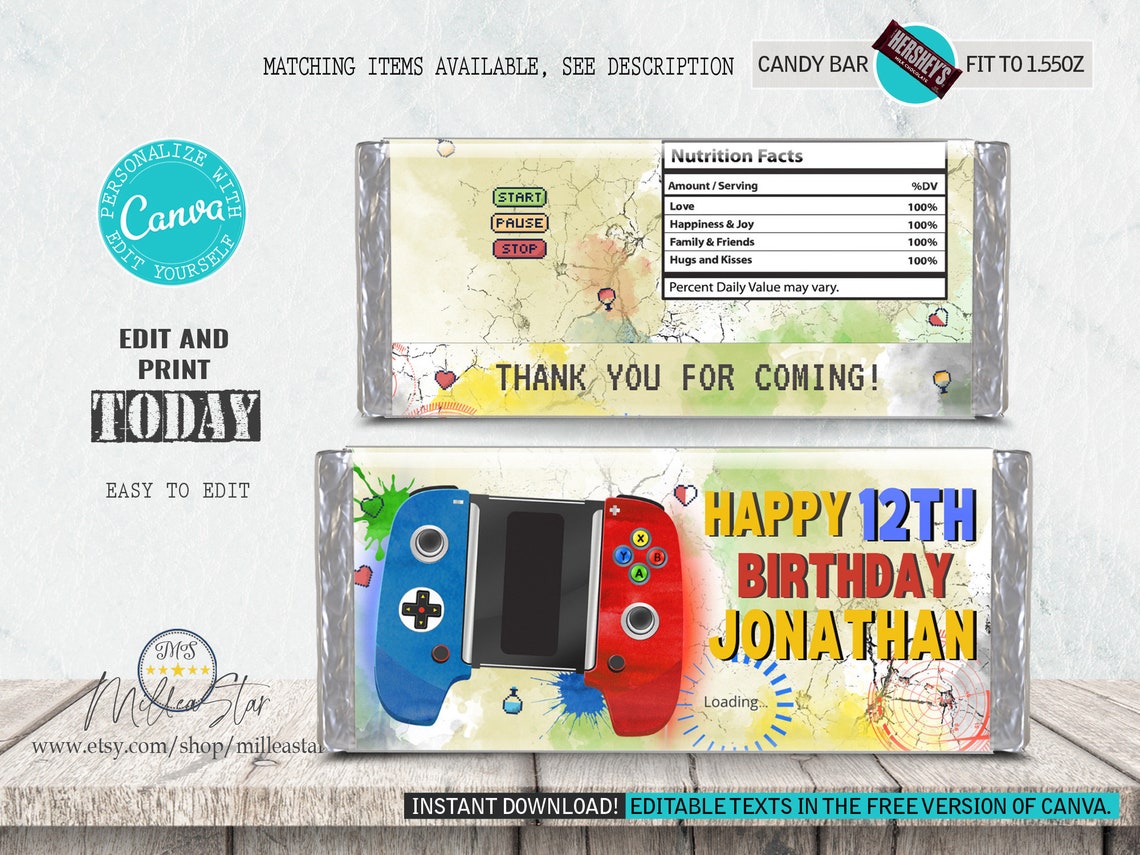 Video Game Birthday Candy Bar Wrappers Chocolate Bar - Etsy