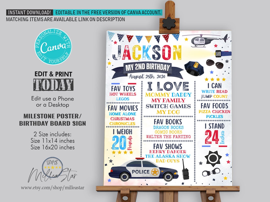 Police Birthday Sign, Milestone Poster, Chalkboard Birthday Poster for ...