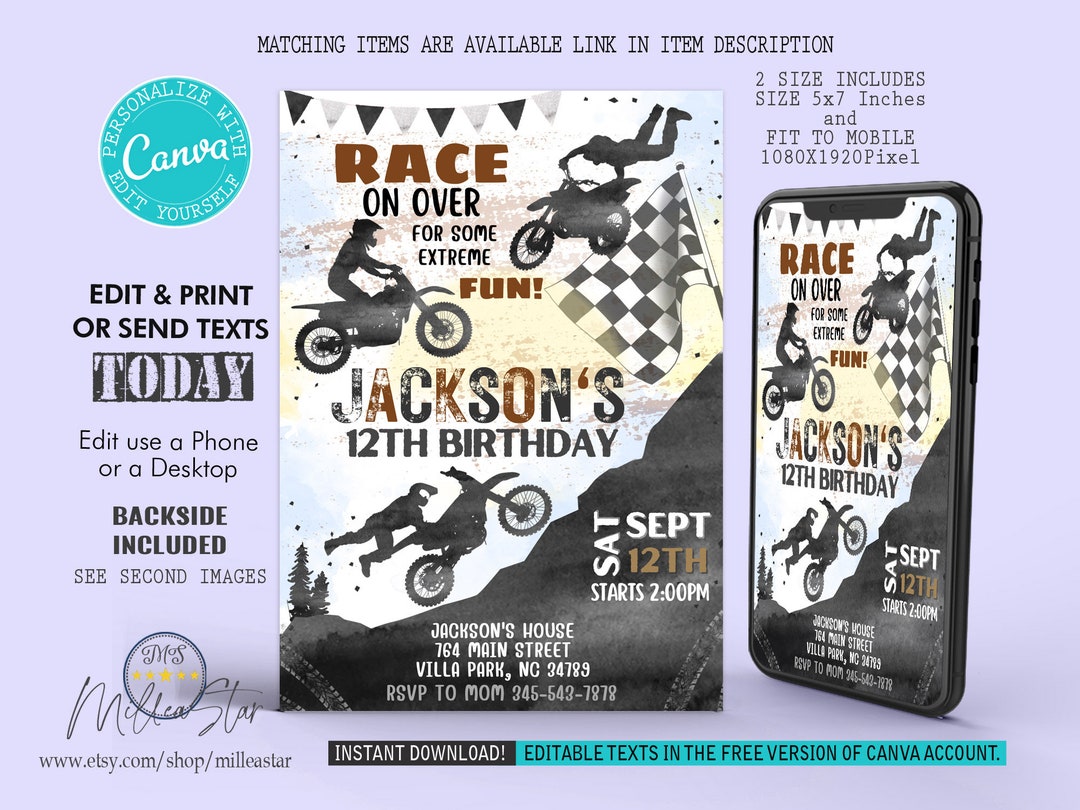 Dirt Bike Birthday Invitations, Bike Invites, Bike Birthday Party ...