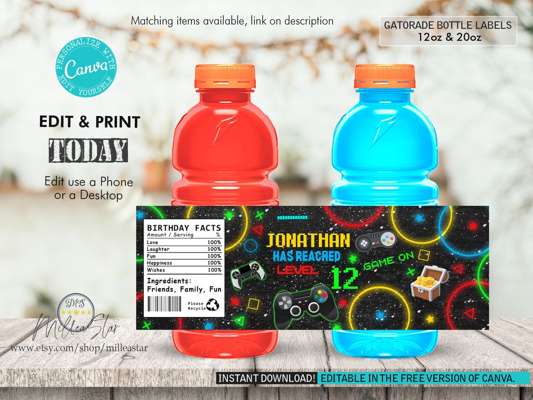 Video Game Birthday Gatorade Labels, Water Bottle Labels, Editable ...