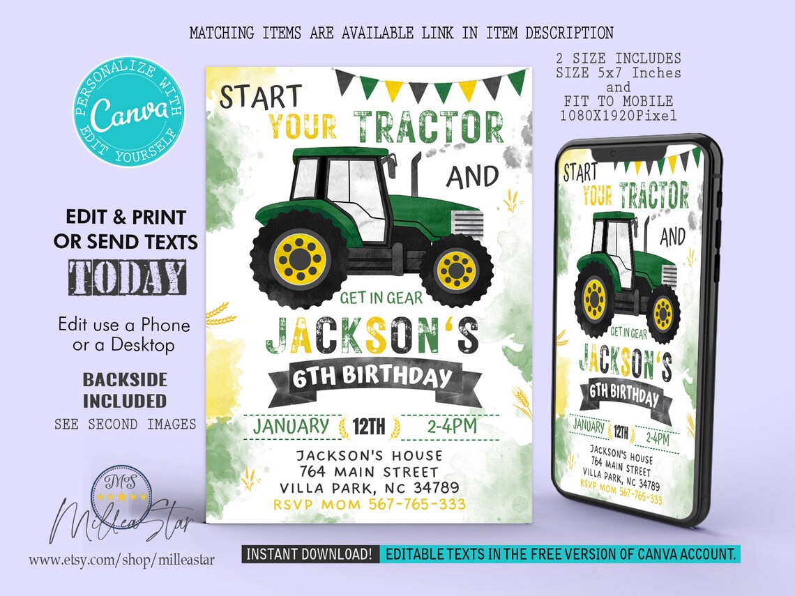 Tractor Invitation Tractor Invites Tractors Birthday Invite - Etsy
