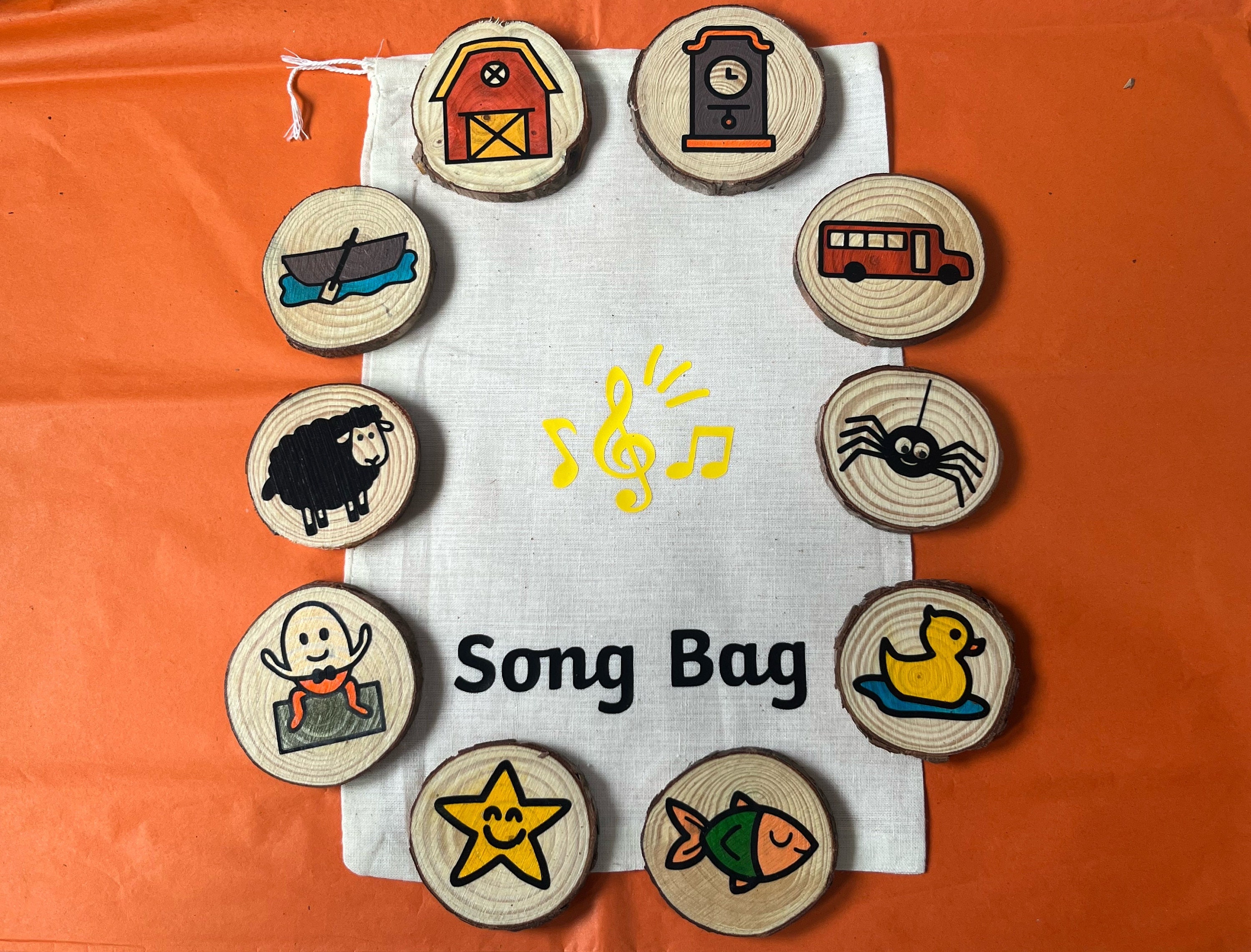 Nursery Rhyme Song Bag - Handmade Wooden Log Slices - Etsy UK