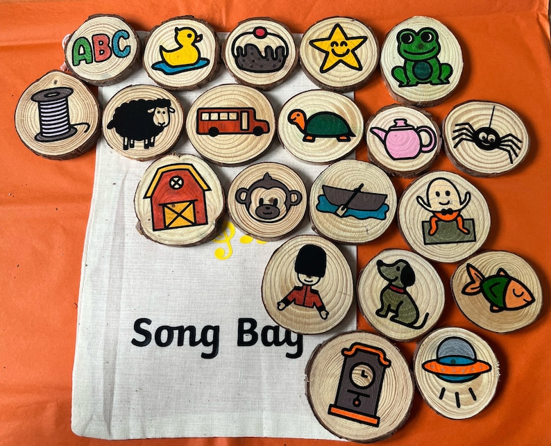 Nursery Rhyme Song Bag - Handmade Wooden Log Slices - Etsy UK