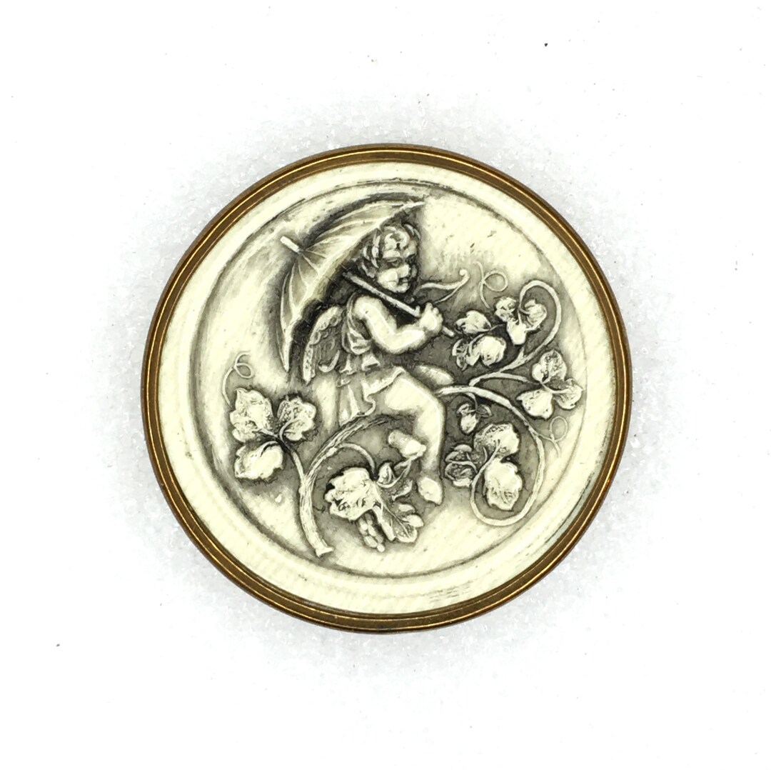 Antique Ivoroid Button: Cherub on Branch, Brass Rim (1 3/8") - Etsy