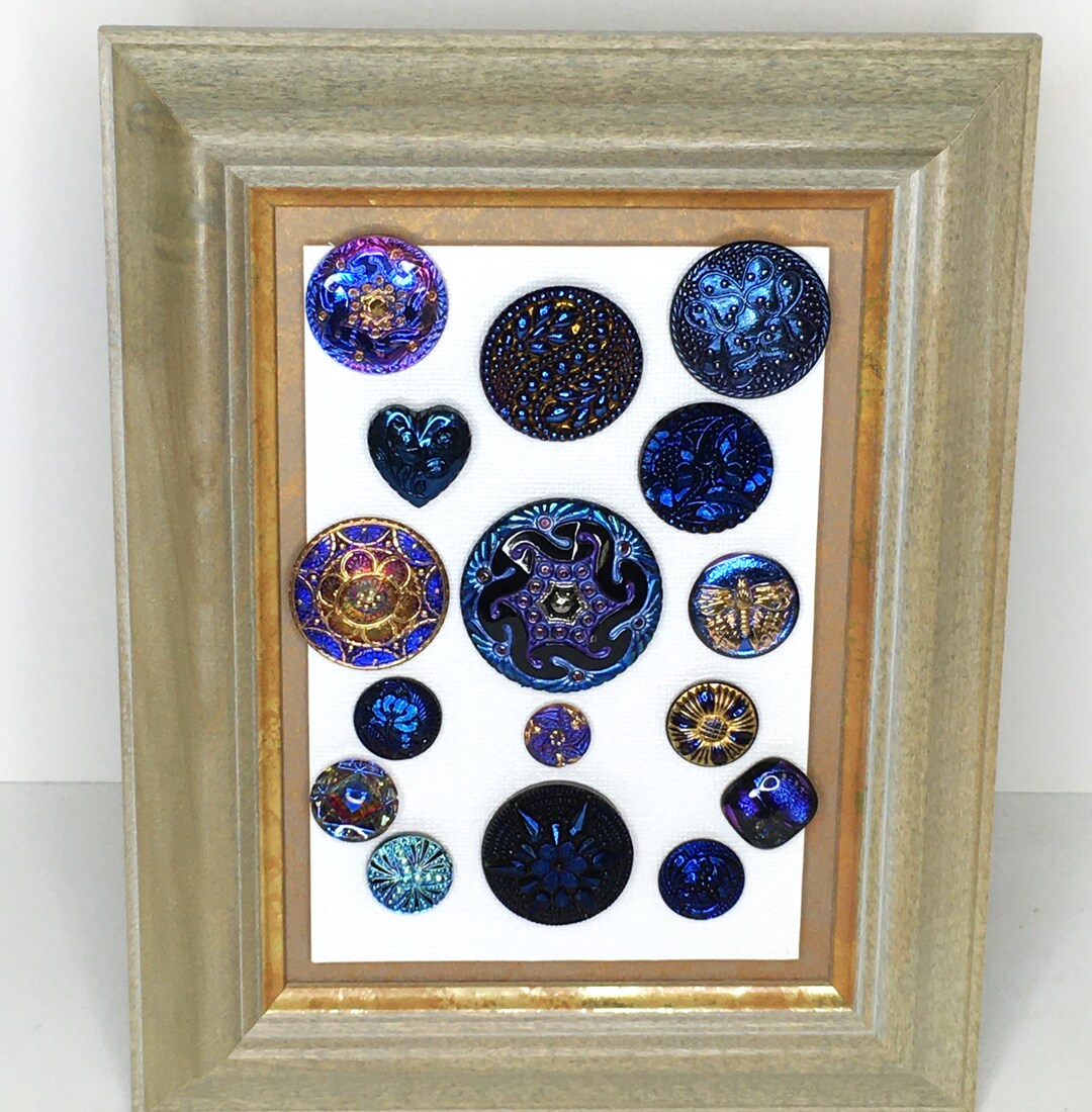 16 Pcs. of Cobalt Blue, Glass Buttons in a Frame-vintage and New-no. 2 ...