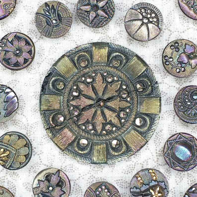 Antique Czech Republic Glass Buttons in a Frame, Rare Luster Finishes ...