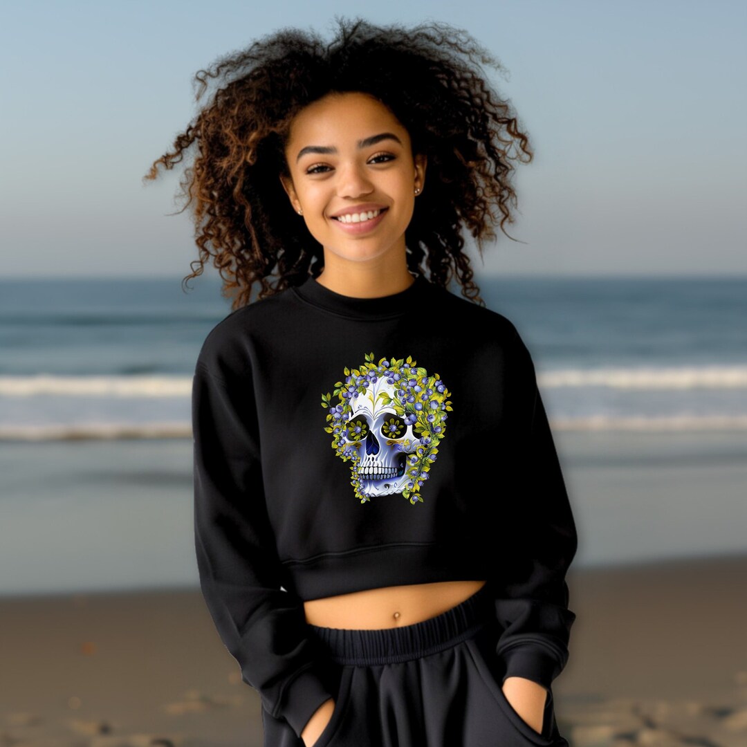 Blueberry Bush Skull Coquettish Womens Crop Sweatshirt, Sweet and Edgy ...