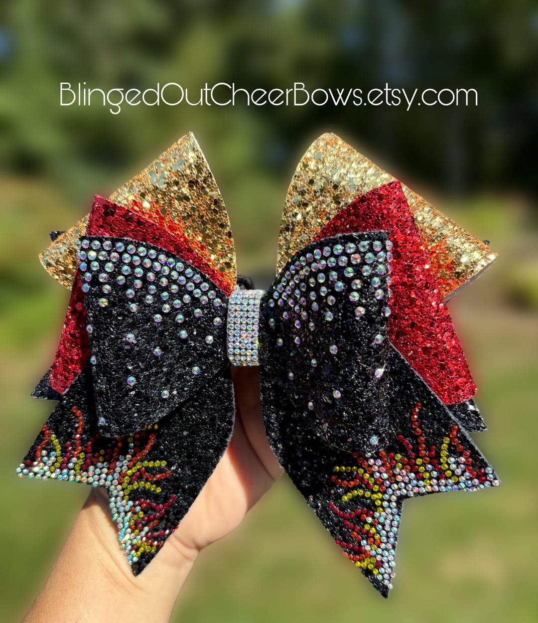 Ready to Ship Large Cheer Bow in Black, Red and Gold With Flames ...