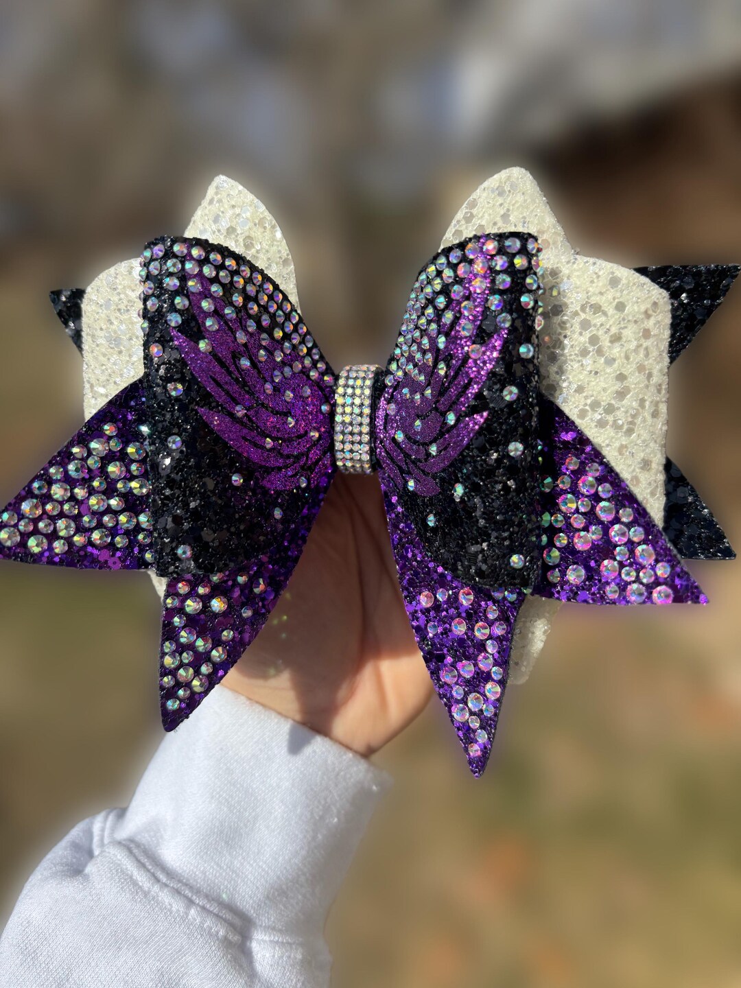 Angel Wings Cheer Bow//large 7" Cheer Bow// Purple and Black Cheer Bow ...