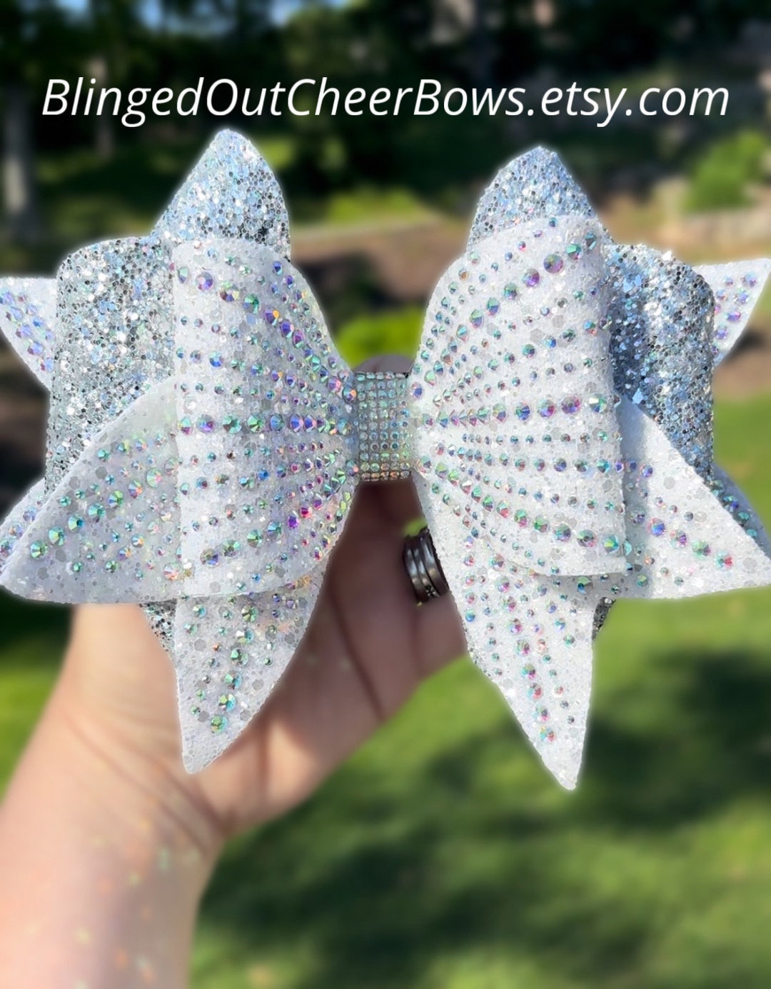 Team Orders Only// Min Order 10+ Cheer Bows// Large 7" White Rhinestone Cheer Bow// Triple ...