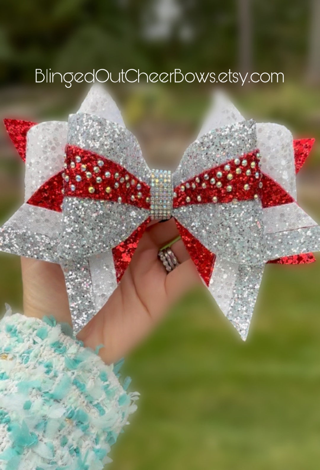 Large 7 Rhinestone White, Red and Silver Cheer Bow// Triple Threat ...