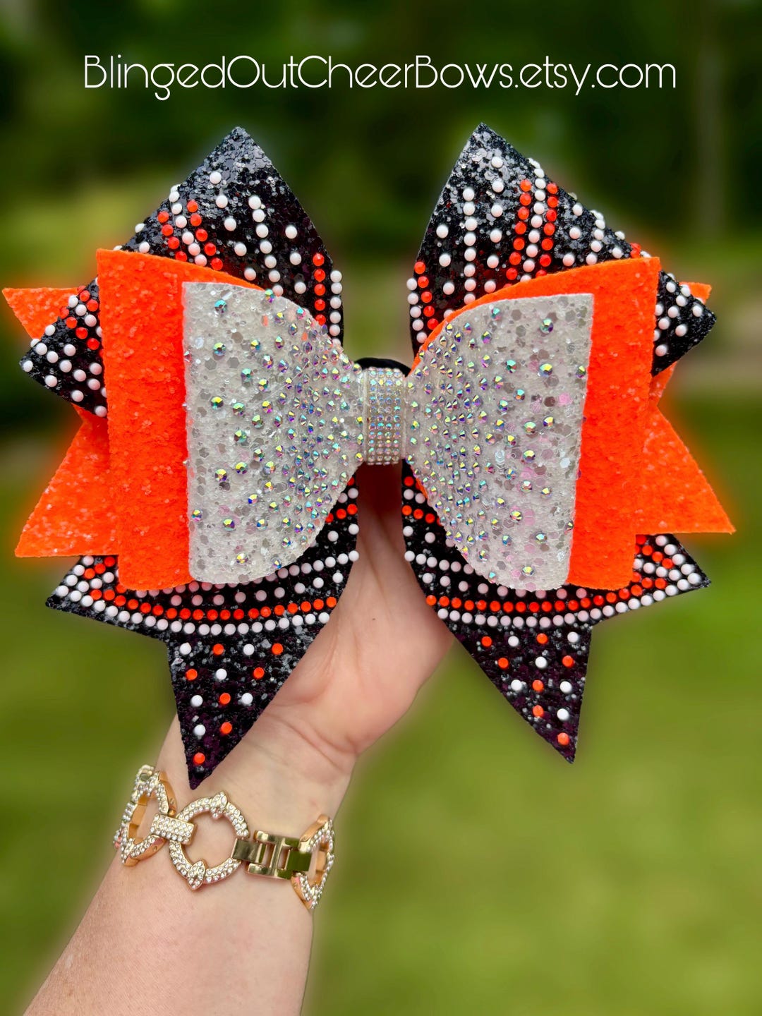 Neon Orange and Black Cheer Bow// Black Rhinestone Cheer Bow ...