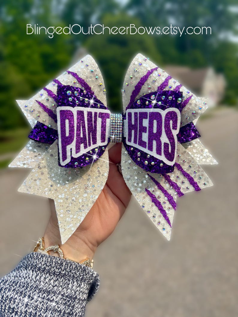 Panthers Team Name Bow// Large 7" Bow Purple, White Cheer Bow //purple ...