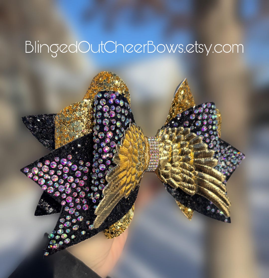 Angel Wings Cheer Bow/7 Rhinestone Cheer Bow// Gold and Black Halo ...