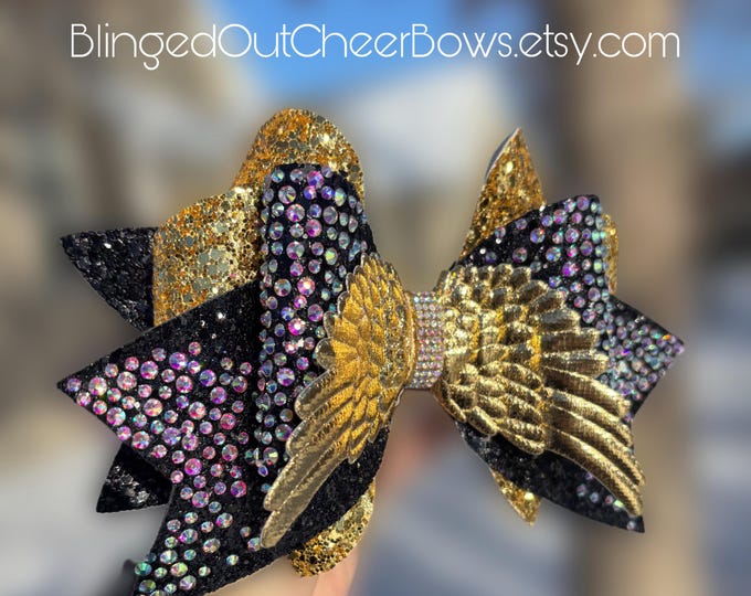 Angel Wings Cheer Bow/7" Rhinestone Cheer Bow// Gold and Black Halo ...