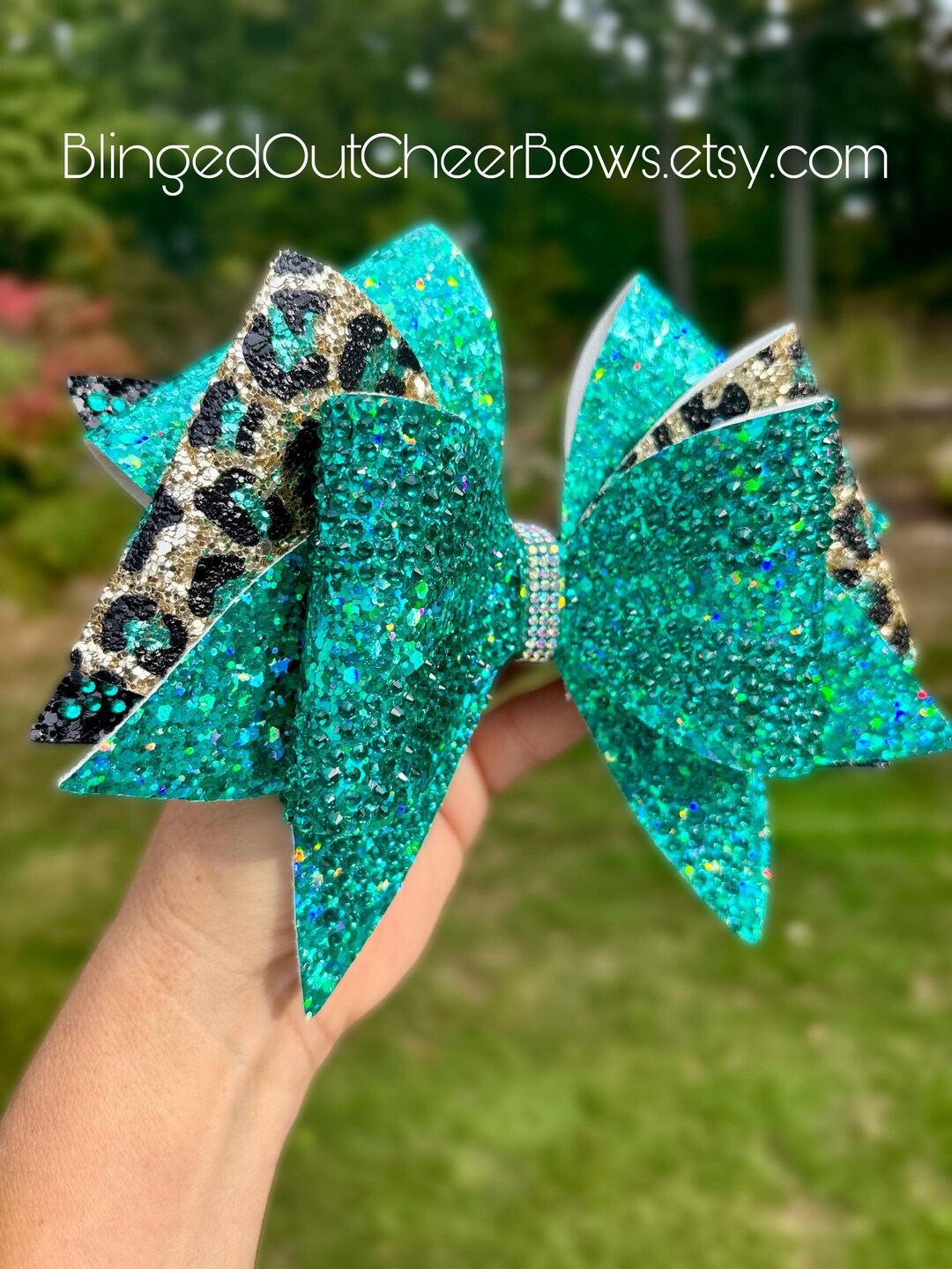 Large Cheer Bow in Black, Teal and Gold// Rhinestone Cheer Bow/leopard ...